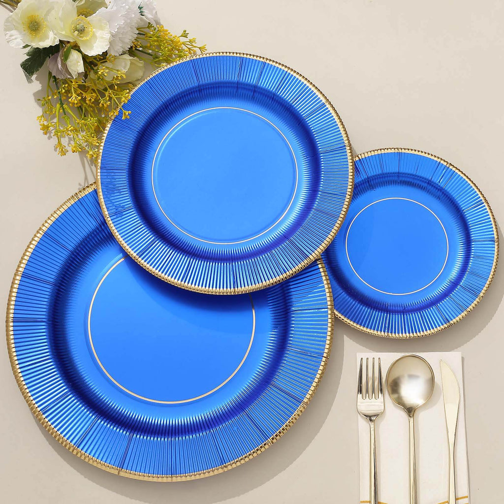 Sunray Paper 10" Dinner Plates Royal Blue/Gold | TableclothsFactory