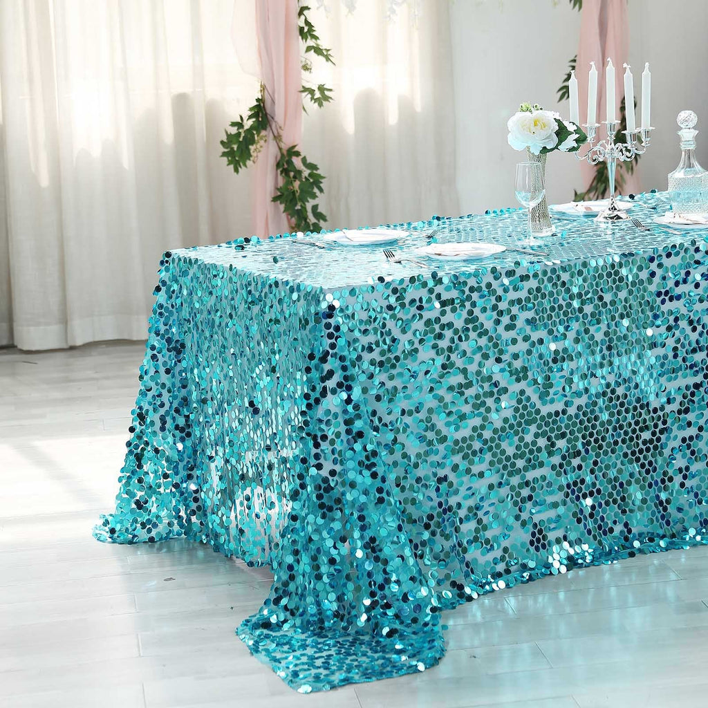 Payette Sequin Tablecloth 90"x156" Turquoise | TableclothsFactory
