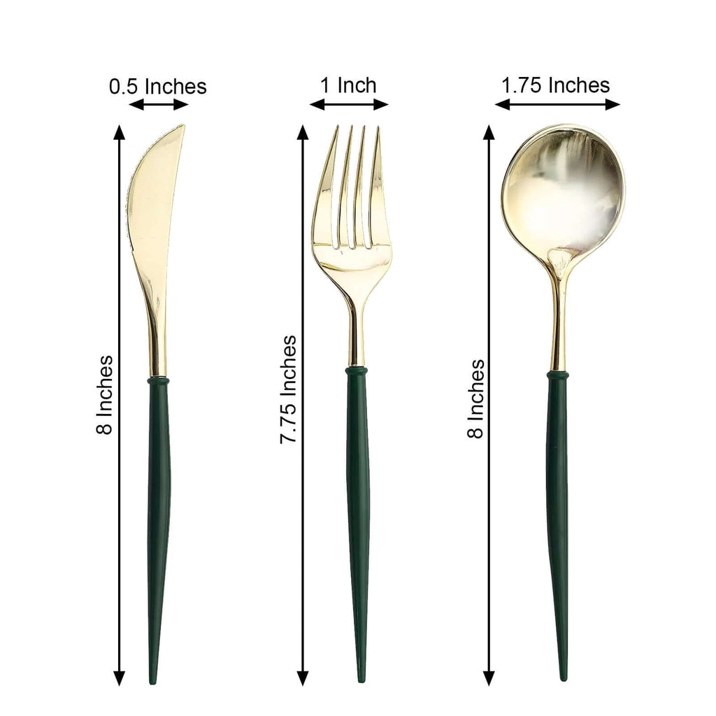 Plastic Flatware Set 8" Metallic Gold with Emerald Green Handle | TableclothsFactory