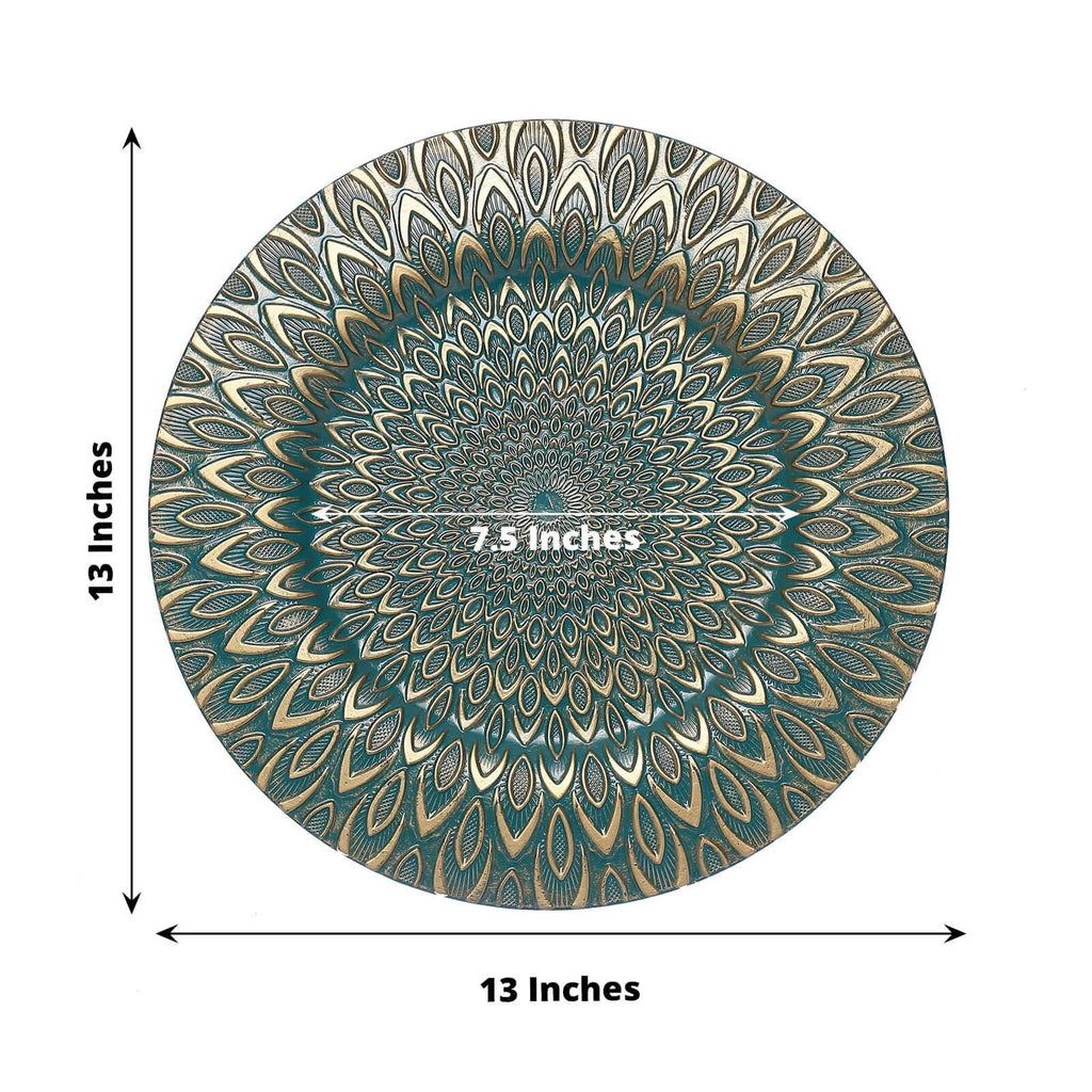 Teal/Gold Embossed Peacock Plastic Charger Plates | TableclothsFactory