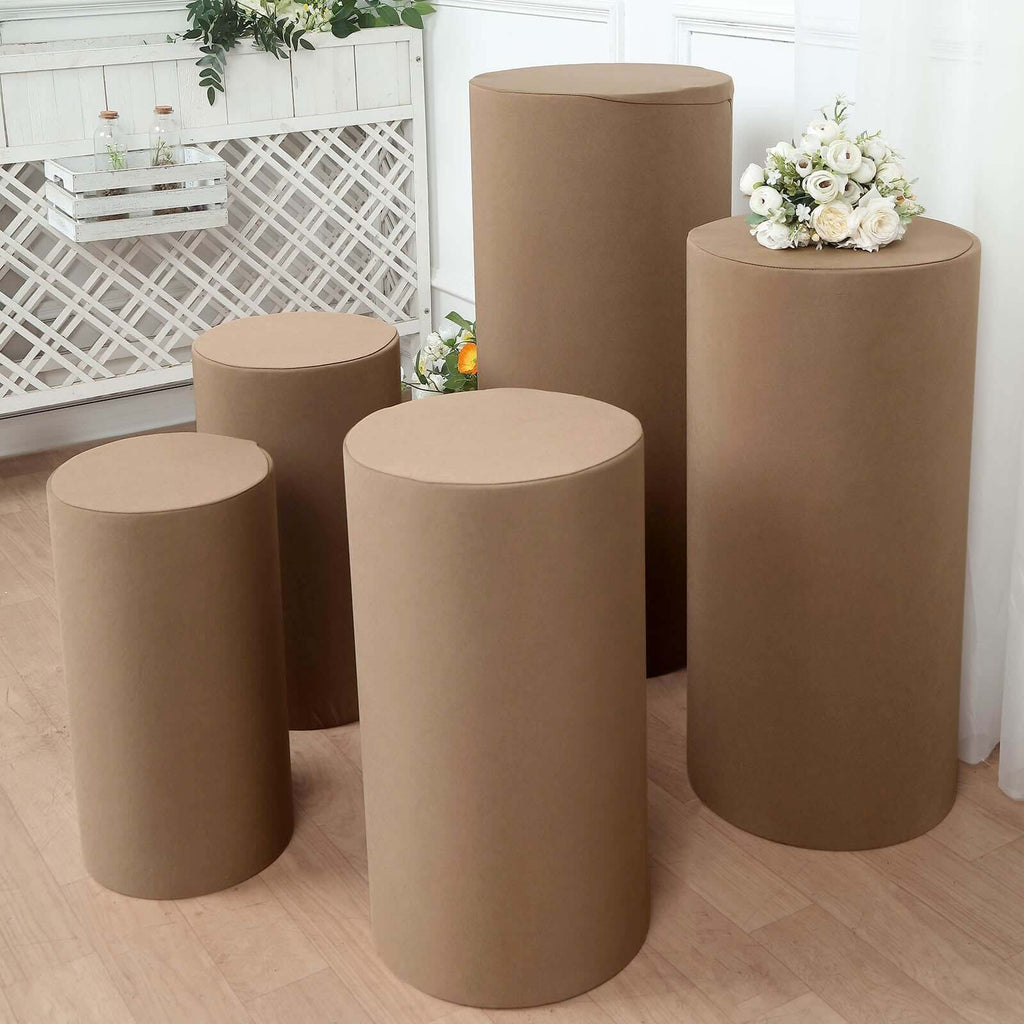 5 Taupe Cylinder Pillar Prop Covers | tableclothsfactory.com