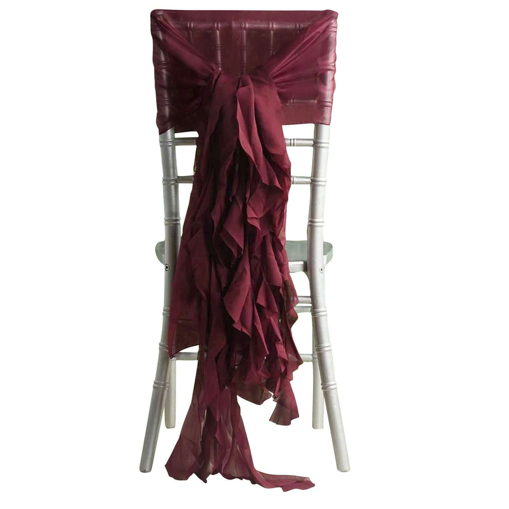 Ruffled Chiffon Chair Sashes Burgundy | TableclothsFactory