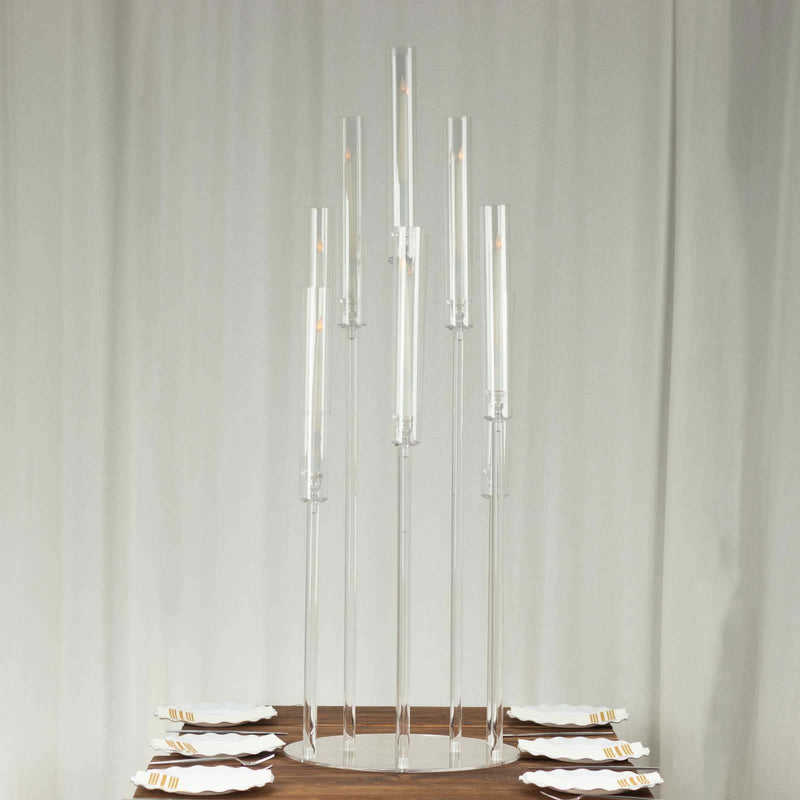 7-Arm Clear Crystal Candelabra with Mirror Base 33" | TableclothsFactory
