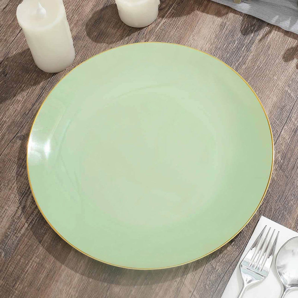 Plastic 10" Dinner Plates Sage Green/Gold Rim | TableclothsFactory