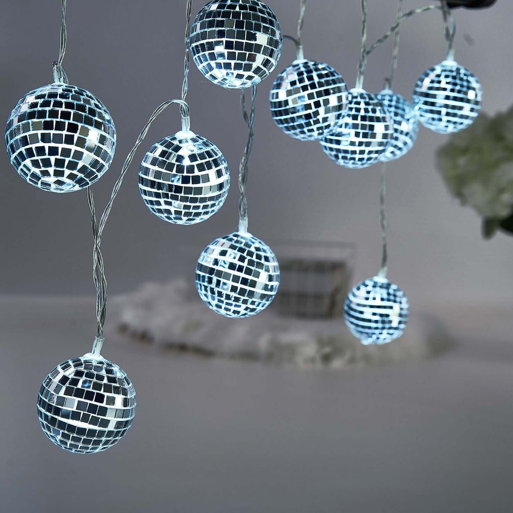 Silver Disco Mirror Ball String Lights Cool White 6ft | TableclothsFactory