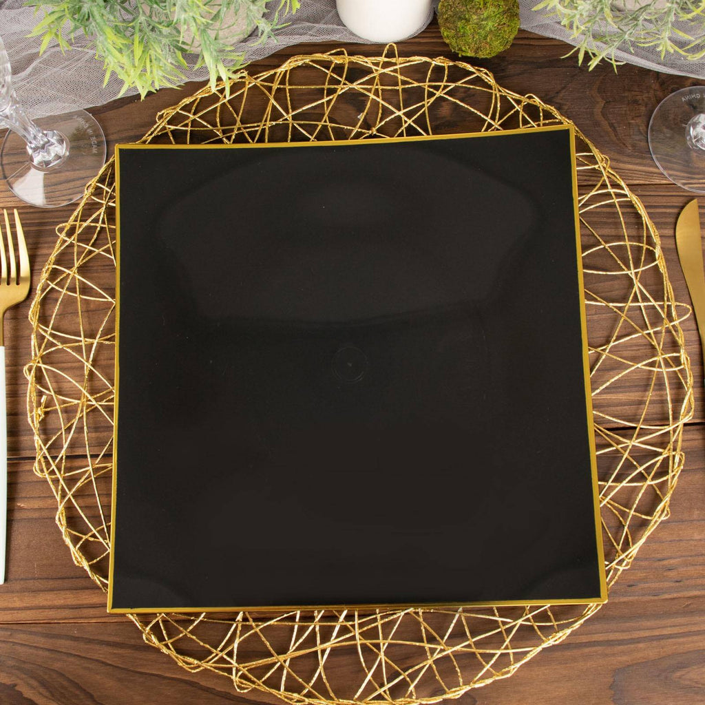 Concave Plastic 10" Square Dinner Plates Black/Gold | TableclothsFactory