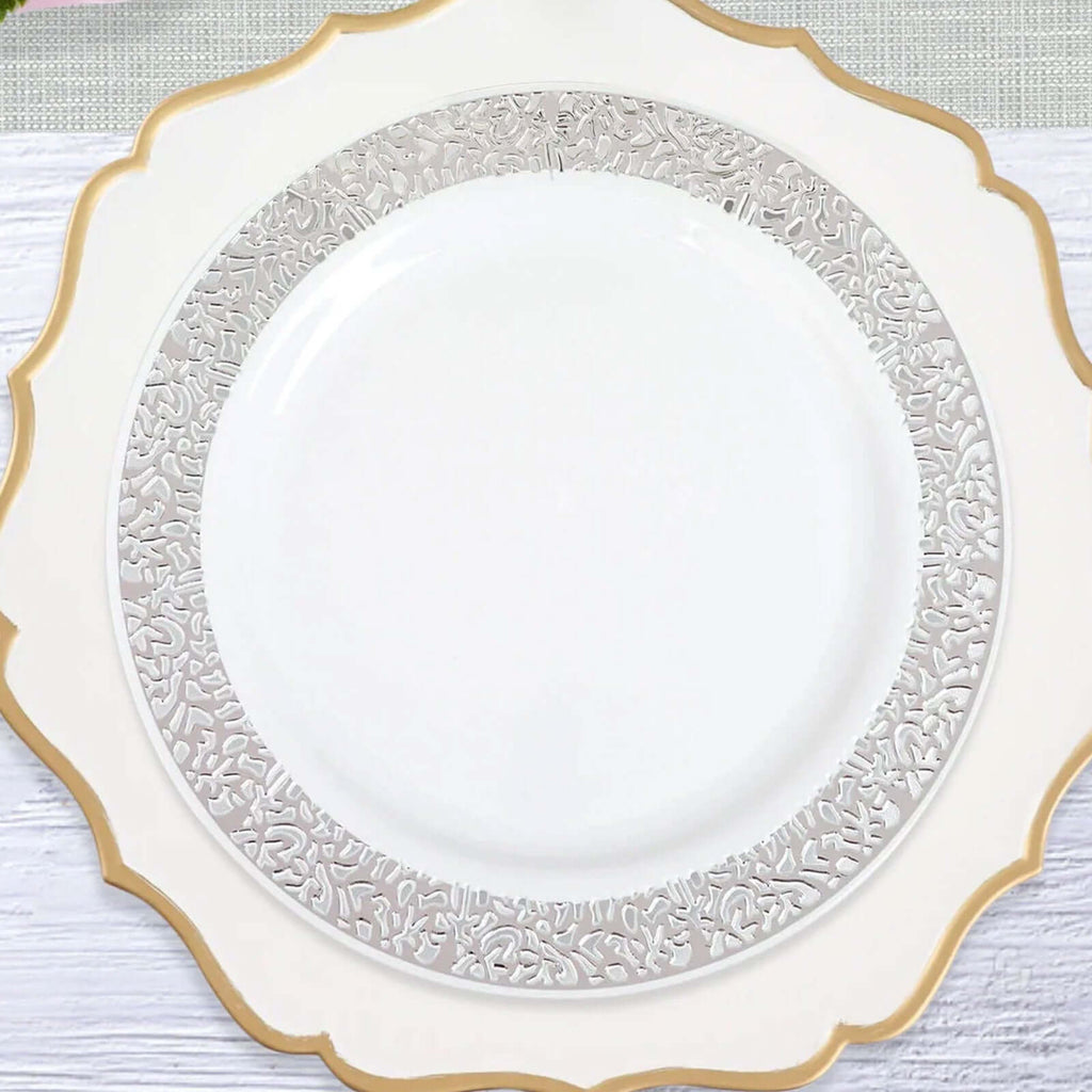 Plastic Dinner Plates 10" White with Silver Lace Rim | TableclothsFactory