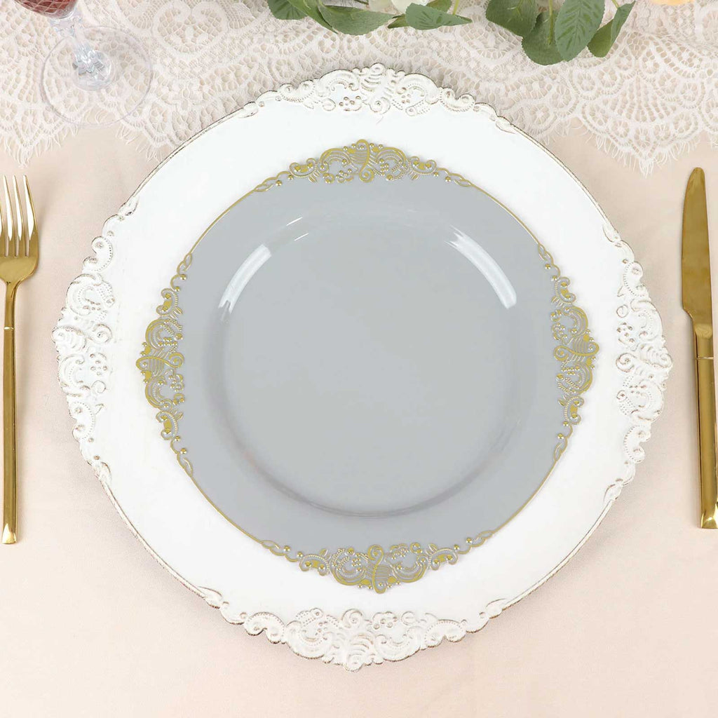 Leaf Embossed Rim Plastic 10" Dinner Plates Gray/Gold | TableclothsFactory