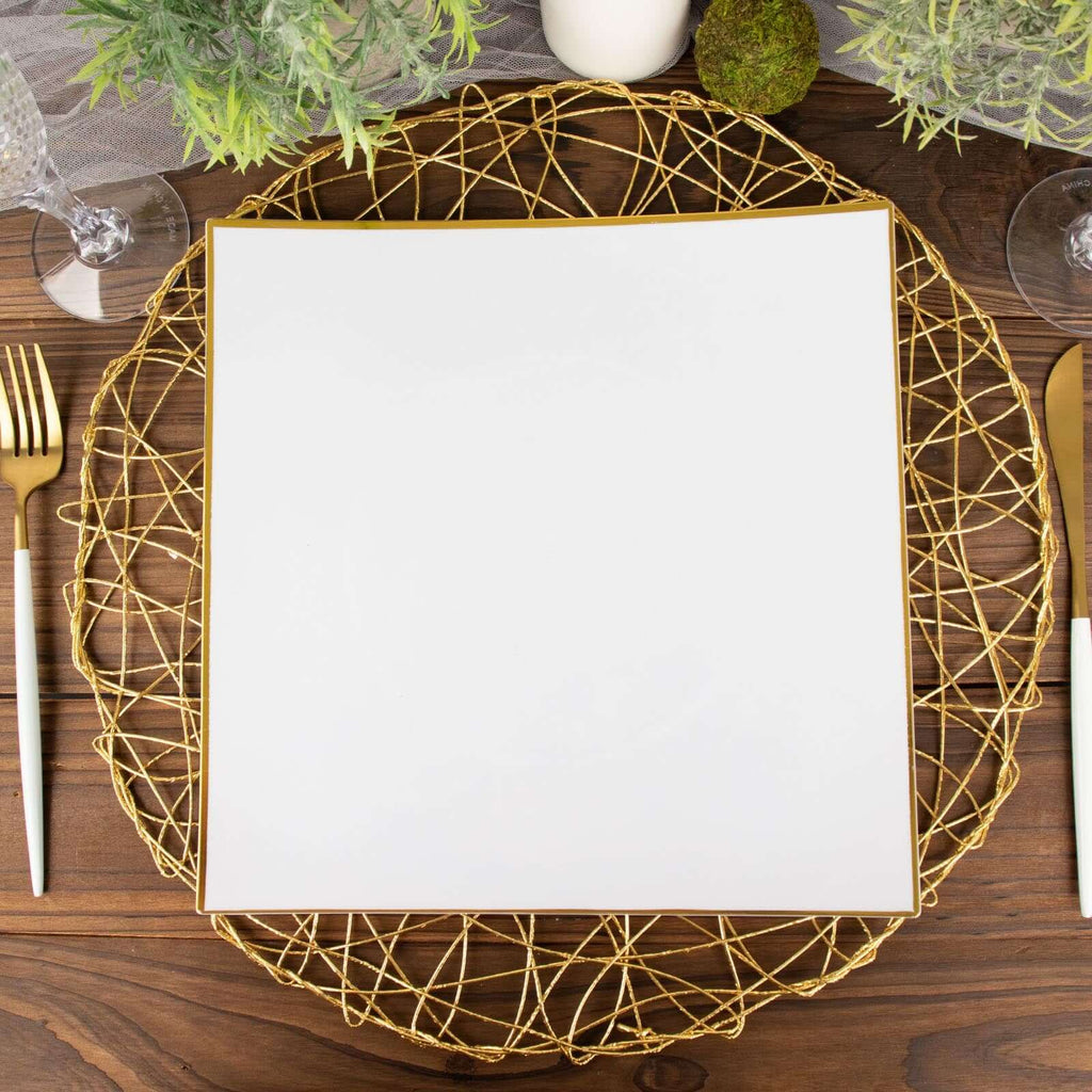 Concave Plastic 10" Square Dinner Plates White/Gold | TableclothsFactory