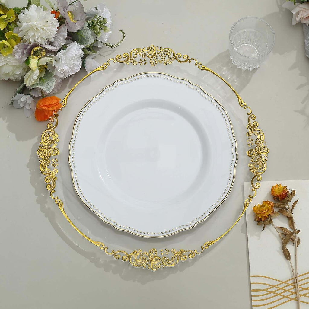 Plastic 10" Dinner Plates White/Gold Scalloped Rim | TableclothsFactory
