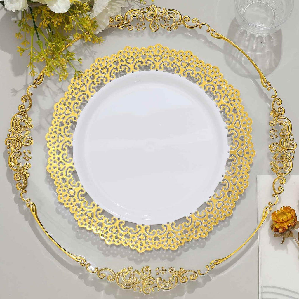 Lace Rim Plastic 10" Dinner Plates White/Gold | TableclothsFactory