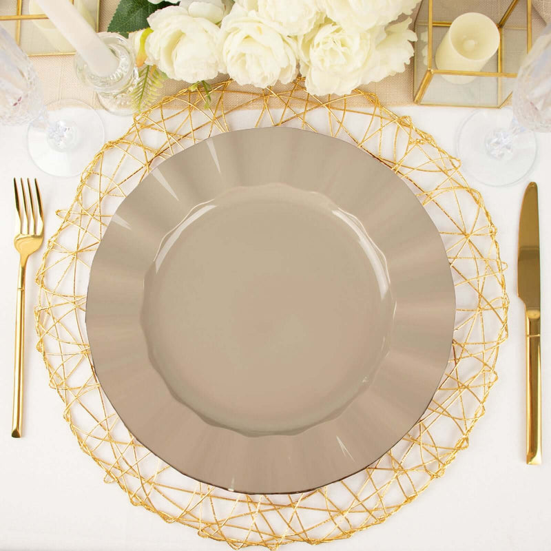 Ruffled Rim Plastic 9" Dinner Plates Taupe/Gold | TableclothsFactory
