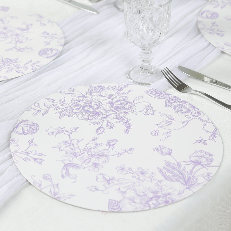 French Toile Paper 9" Dinner Plates White/Lavender | TableclothsFactory