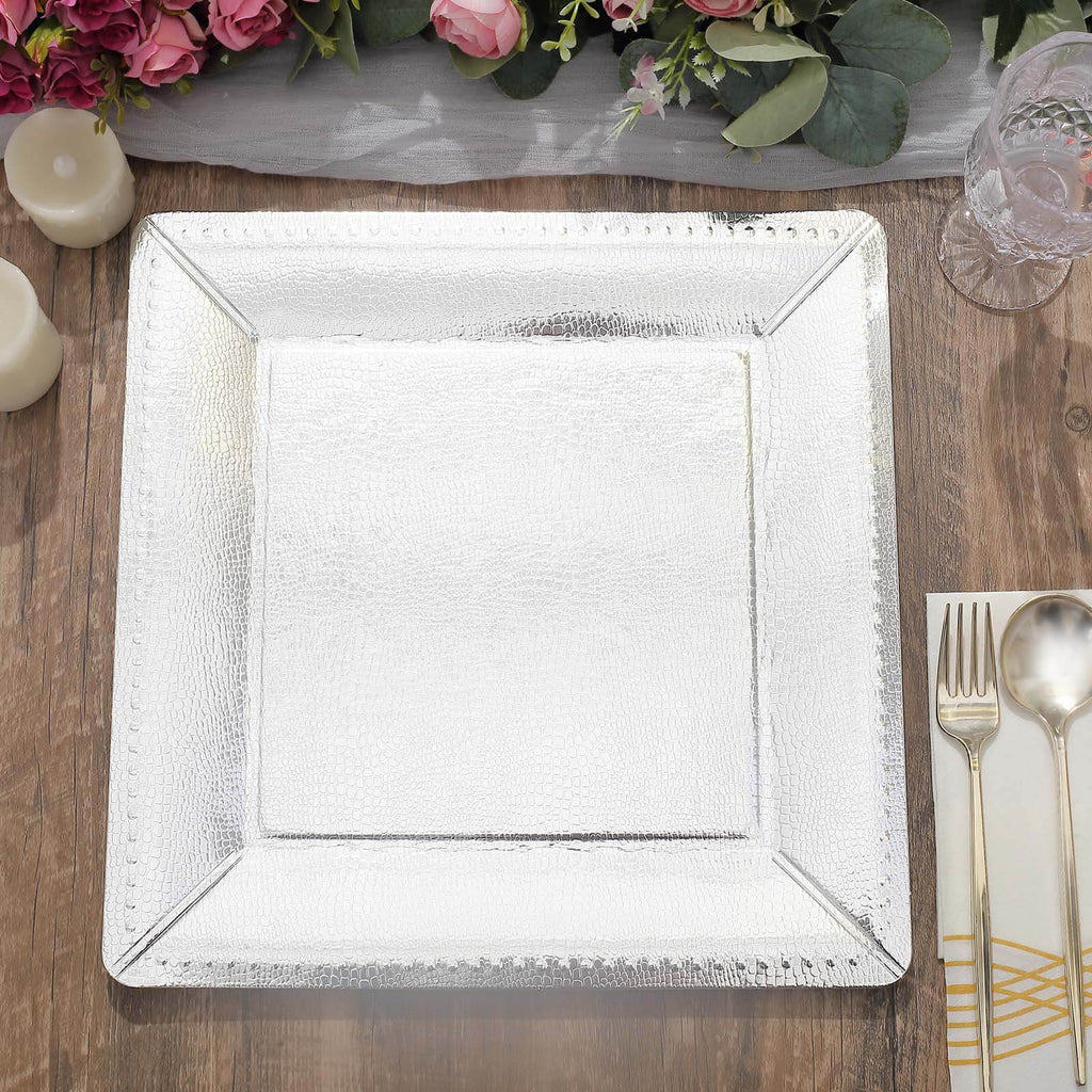 Disposable Square Charger Plates Silver 13" | TableclothsFactory