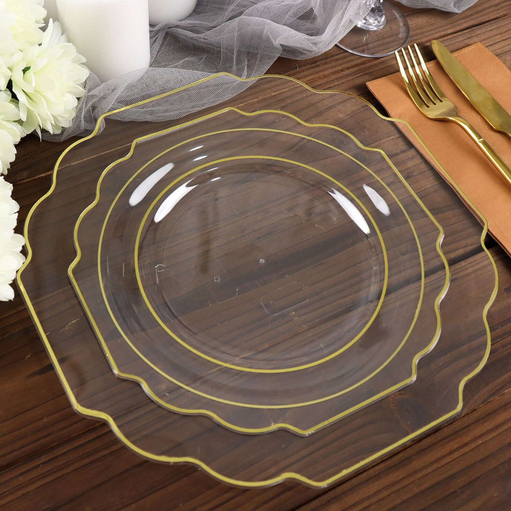 Baroque Plastic 8" Salad Plates Clear/Gold | TableclothsFactory
