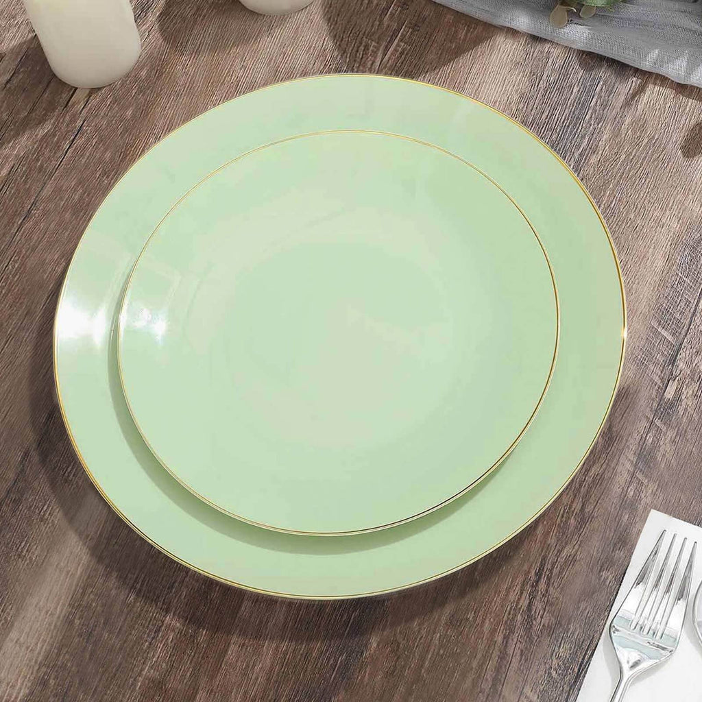Plastic 8" Salad Plates Sage Green/Gold Rim | TableclothsFactory