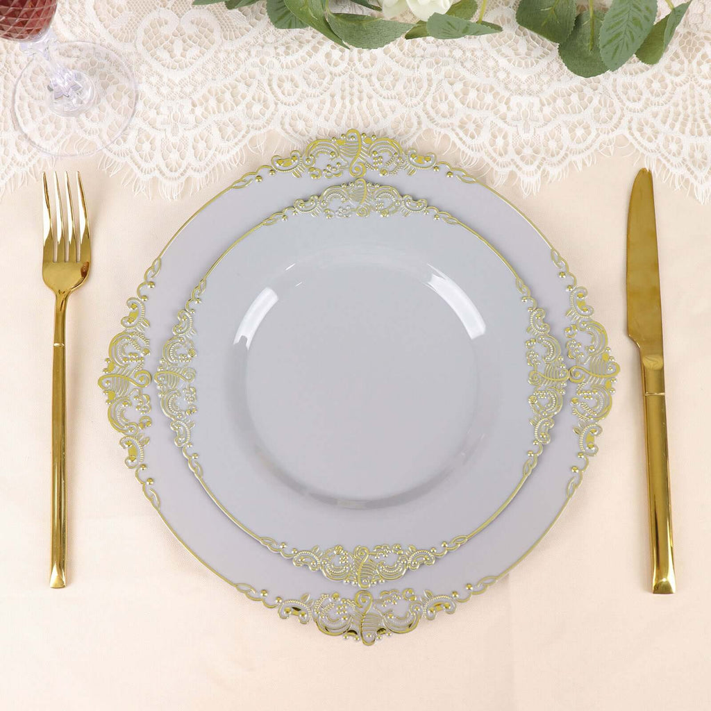 Leaf Embossed Rim Plastic 8" Salad Plates Gray/Gold | TableclothsFactory