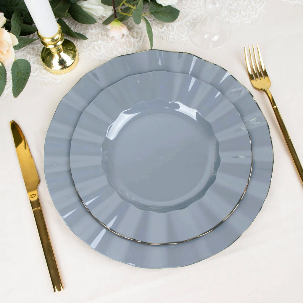 Ruffled Rim Plastic 9" Dinner Plates Dusty Blue/Gold | TableclothsFactory