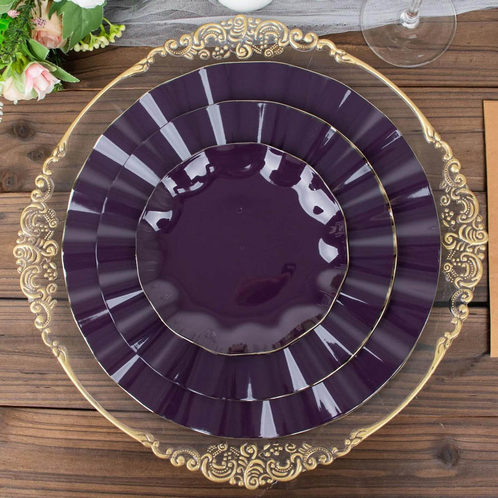Ruffled Rim Plastic 9" Dinner Plates Purple/Gold | TableclothsFactory