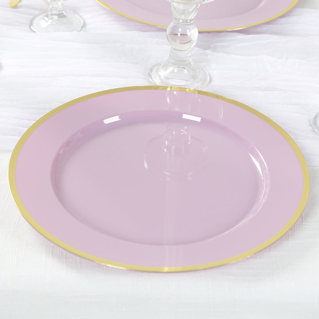 Lavender Lilac/Gold Rim Economy Plastic Charger Plates | TableclothsFactory
