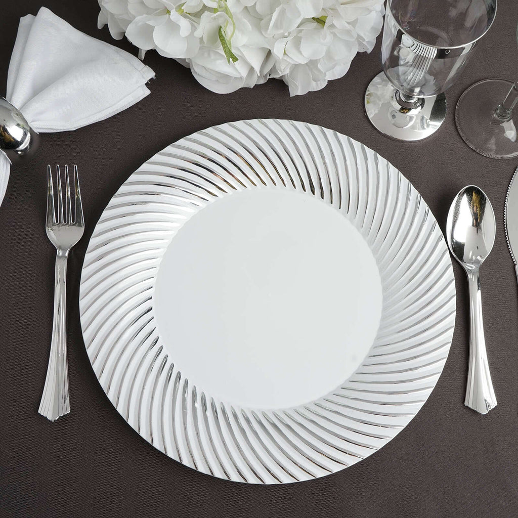 Swirl Rim Plastic 9" Dinner Plates White/Silver | TableclothsFactory