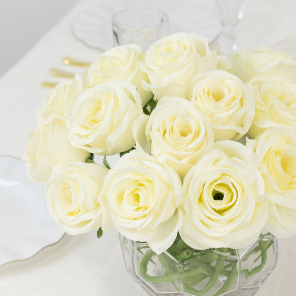 10 Pcs Ivory Artificial Silk Roses | TableclothsFactory