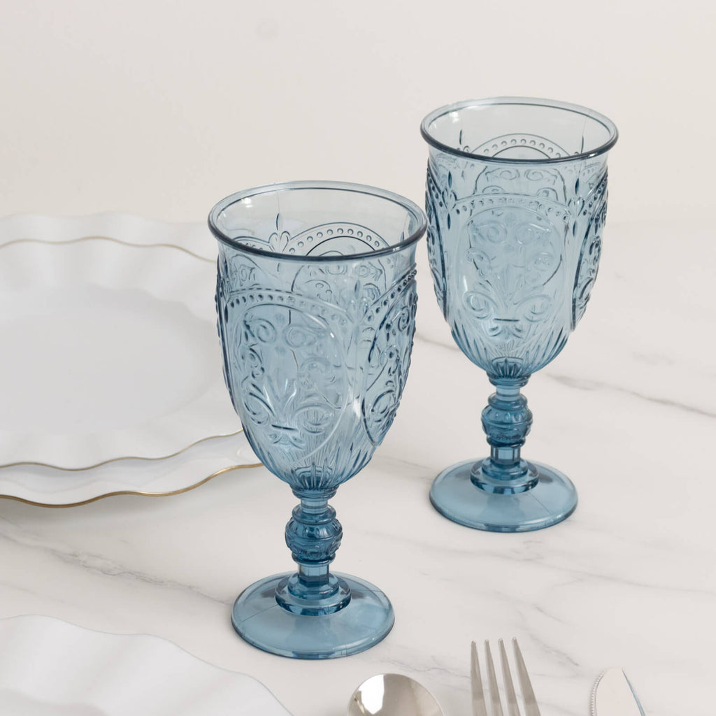 10oz Dusty Blue Embossed Wine Glasses | TableclothsFactory