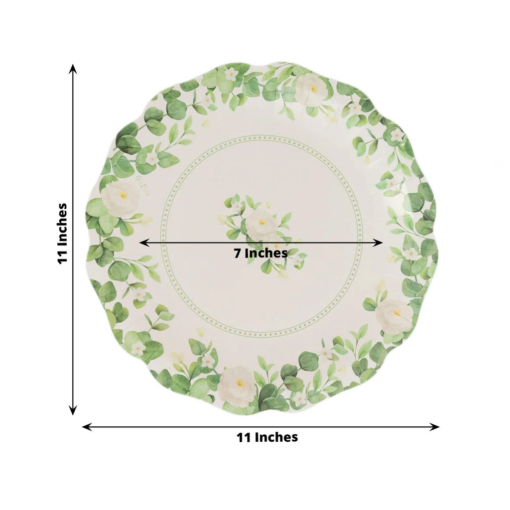 Floral Greenery Paper Round Dinner Plates 11" White | TableclothsFactory