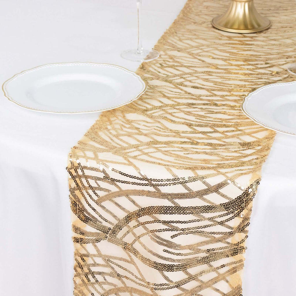Wave Sequin Table Runner 12"x108" Champagne by TableclothsFactory.com