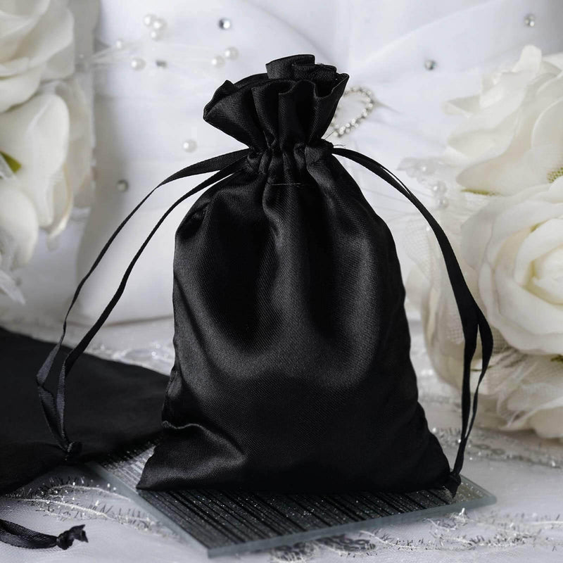 5x7 Black Satin Drawstring Gift Bags - 12 Pack | TableclothsFactory