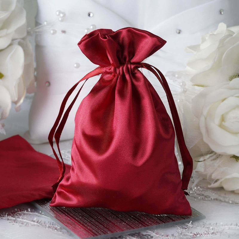 Burgundy Satin Drawstring Gift Bags 12 Pack | TableclothsFactory