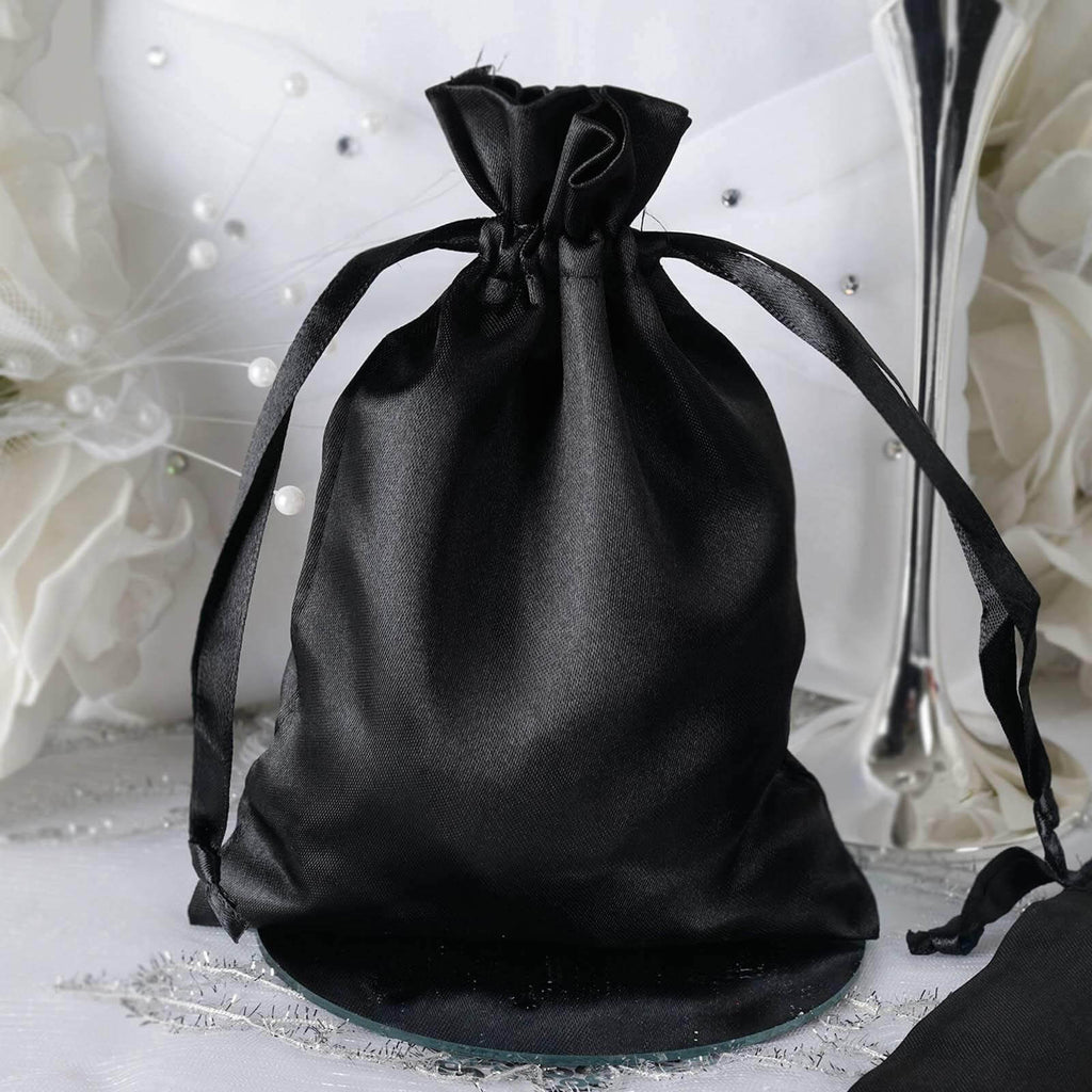 5x7 Black Satin Drawstring Gift Bags - 12 Pack | TableclothsFactory