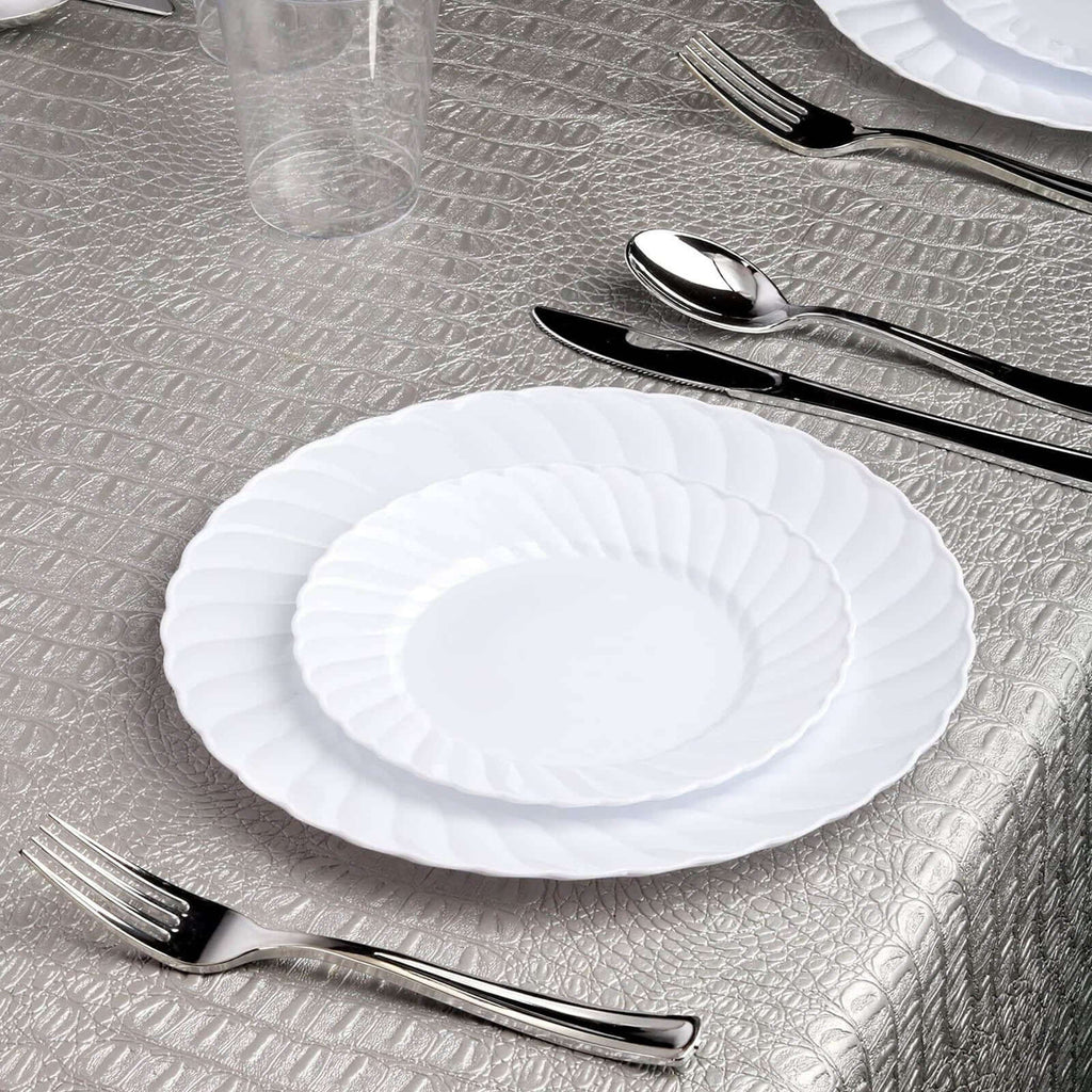 Plastic Swirl Rim Dessert Plates Glossy White 6" | TableclothsFactory