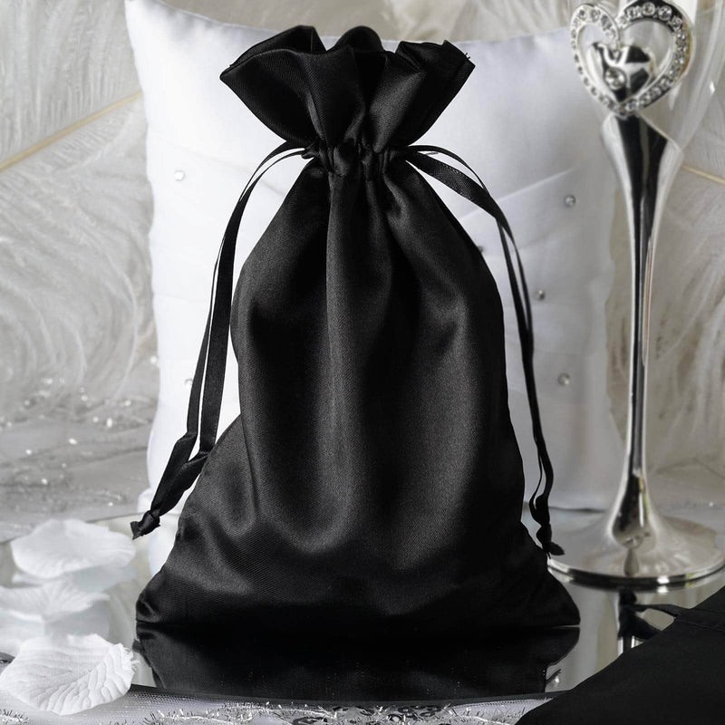 5x7 Black Satin Drawstring Gift Bags - 12 Pack | TableclothsFactory