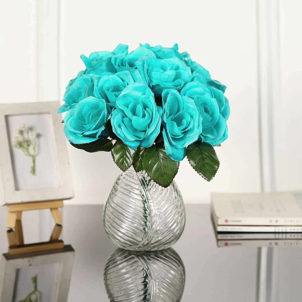 Turquoise Velvet-Like Fabric Rose Bouquet | TableclothsFactory