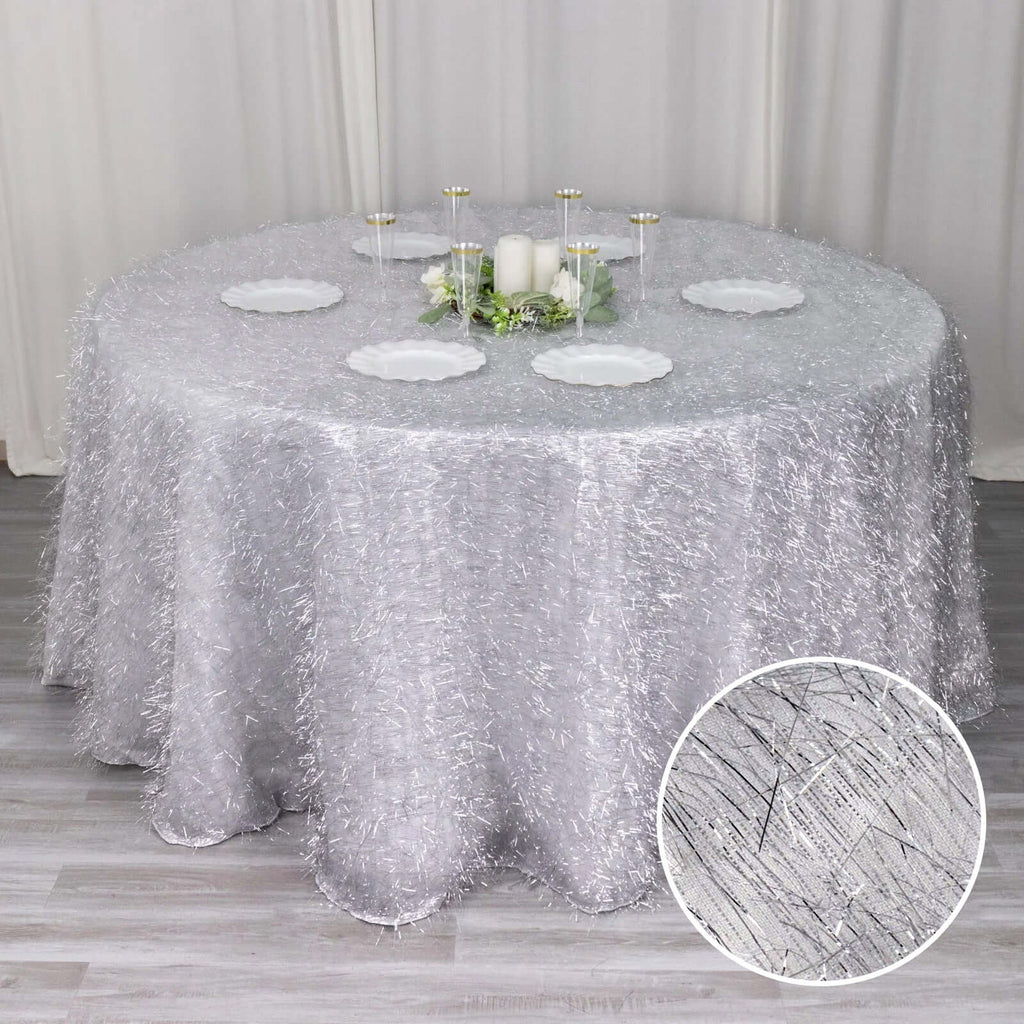 Metallic Fringe Shag Tablecloth 120" Silver | TableclothsFactory