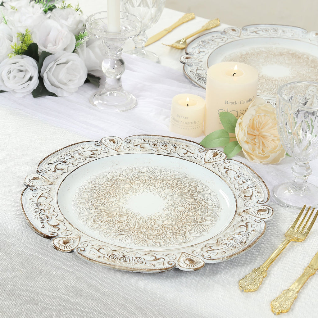 13" Floral Embossed Acrylic Chargers | TableclothsFactory