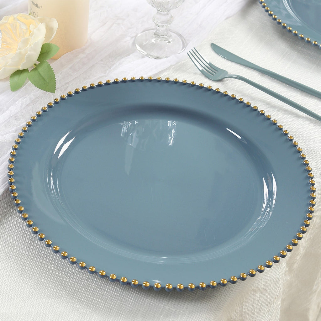 13" Gold Beaded Dusty Blue Chargers | TableclothsFactory