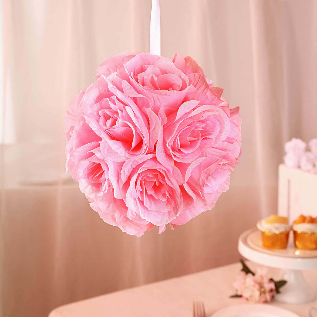 7" Pink Artificial Silk Rose Kissing Ball | TableclothsFactory