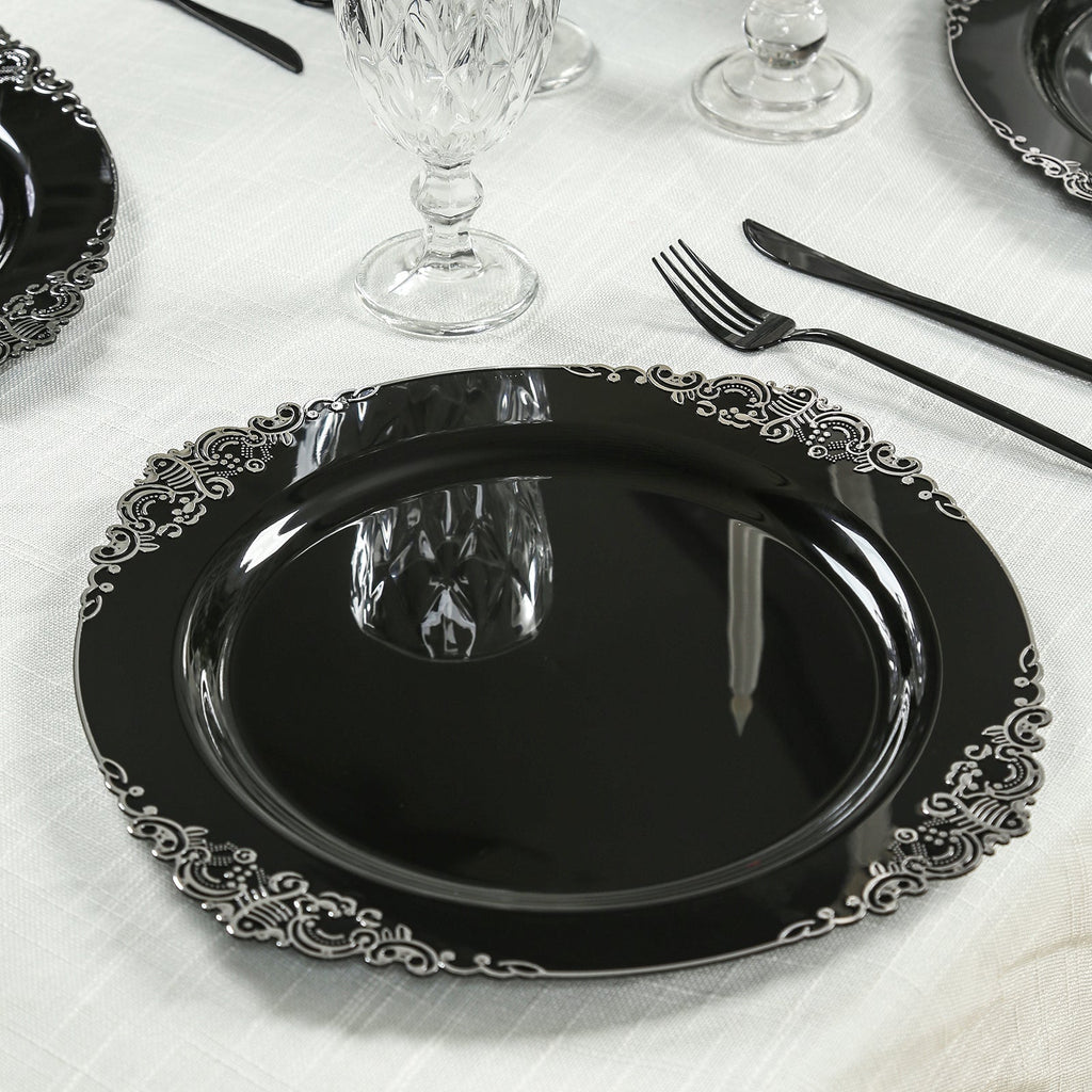 Charger Plates 13" Black w/ Silver Rim | TableclothsFactory