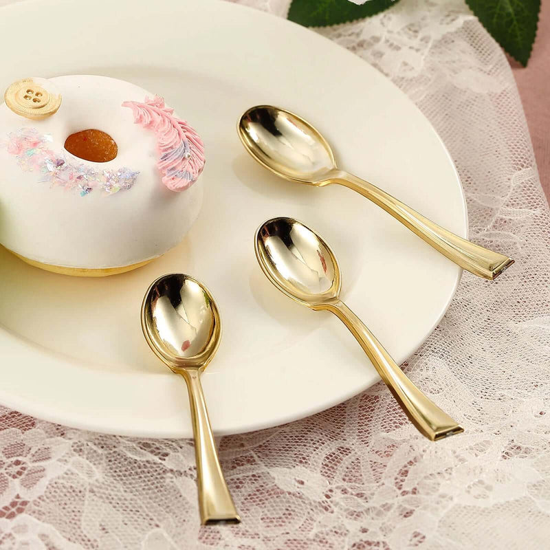 Plastic Mini Dessert Spoons 4" Gold | TableclothsFactory