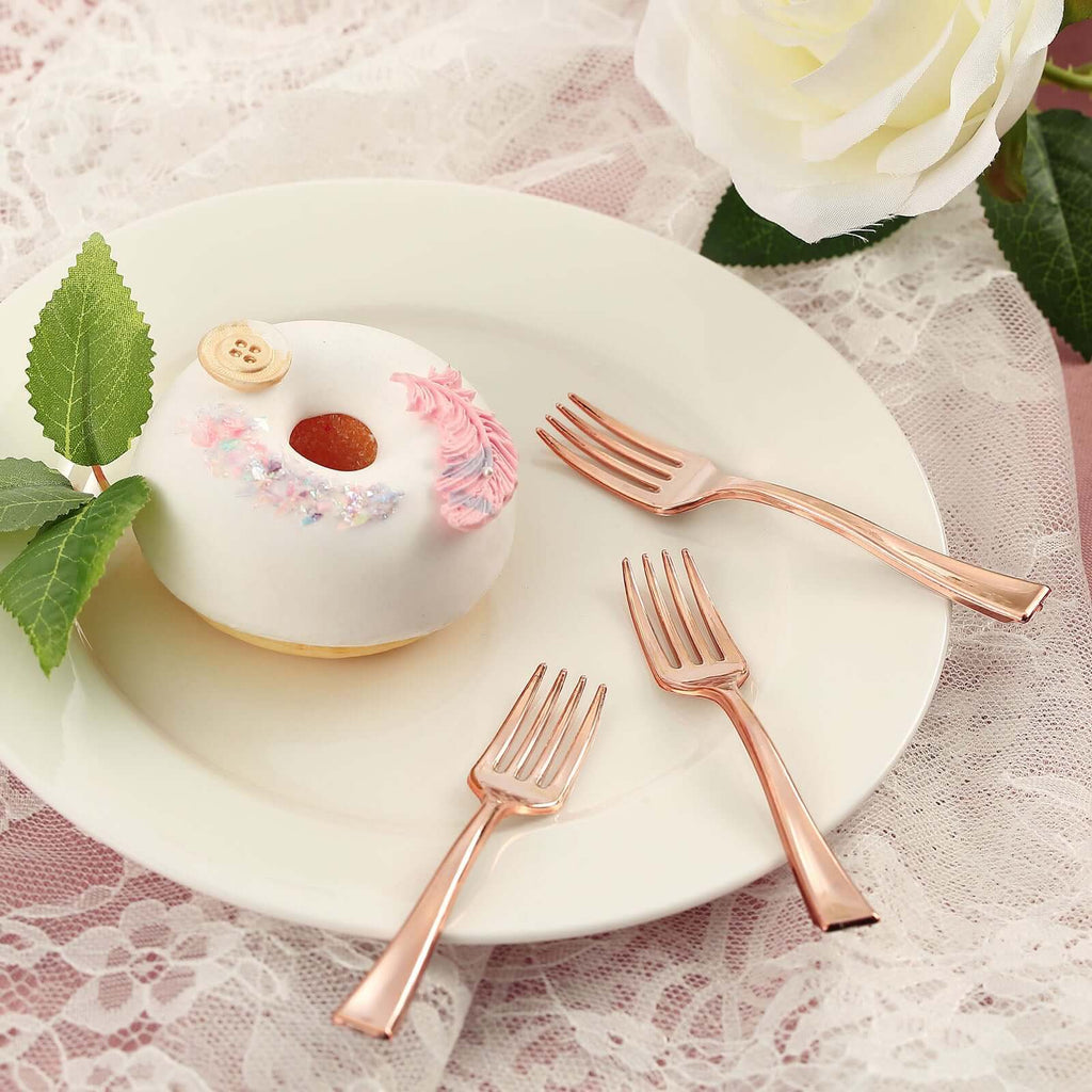 Plastic Mini Dessert Forks 4" Rose Gold | TableclothsFactory