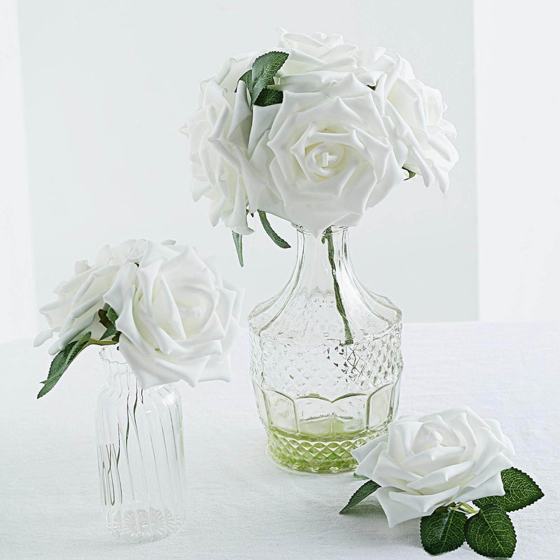 24 White Foam Roses with Stem & Leaves | TableclothsFactory