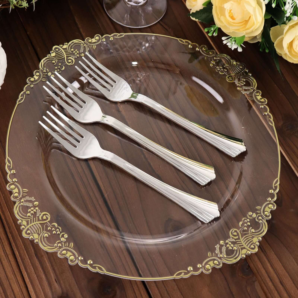 Chambury Plastic Forks with Fluted Handles Silver 7" | TableclothsFactory