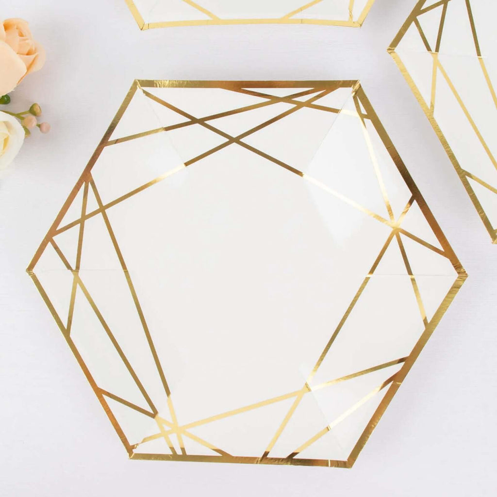 Paper 7" Hexagon Salad Plates White/Gold | TableclothsFactory