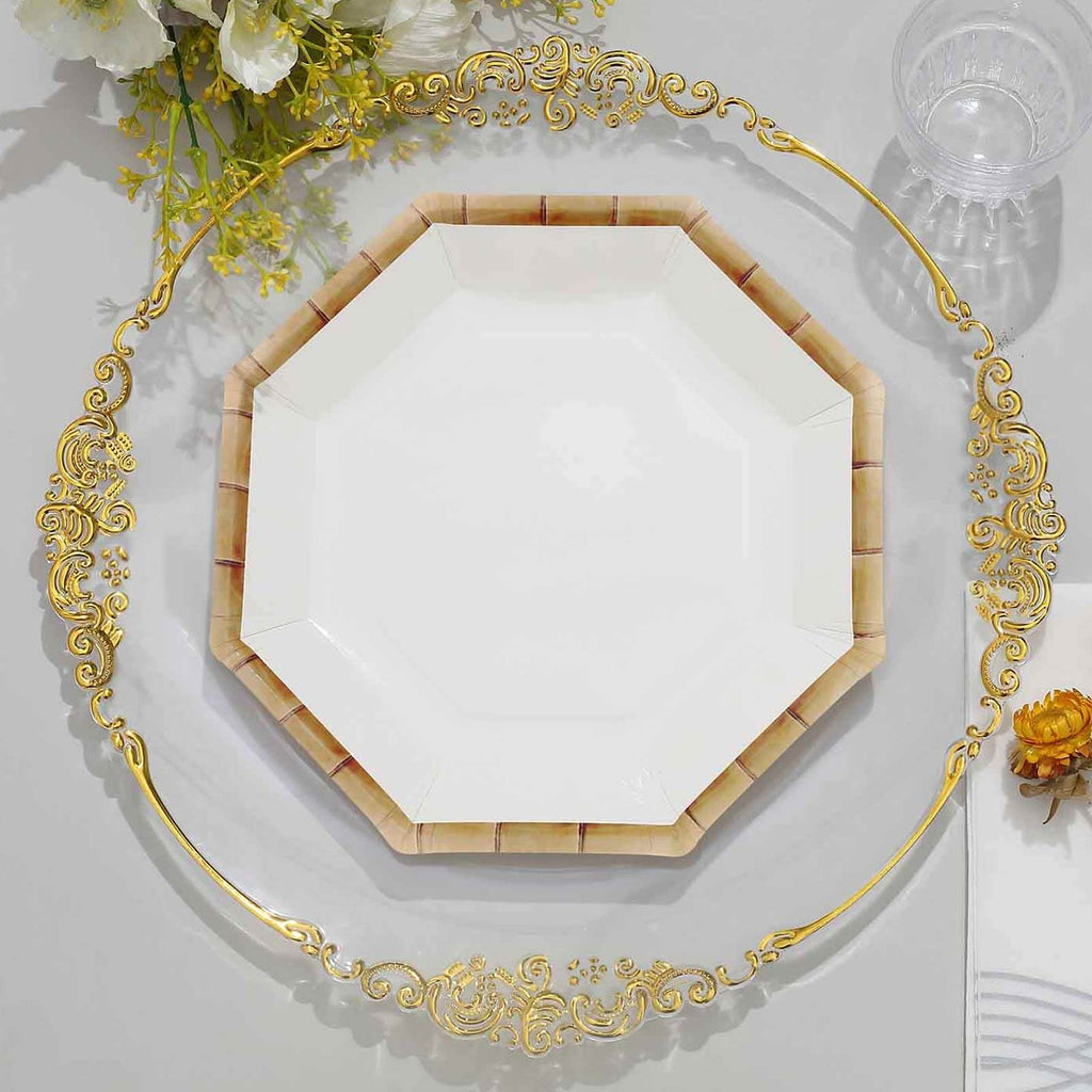 Bamboo Rim Paper 9" Octagon Dinner Plates White | TableclothsFactory