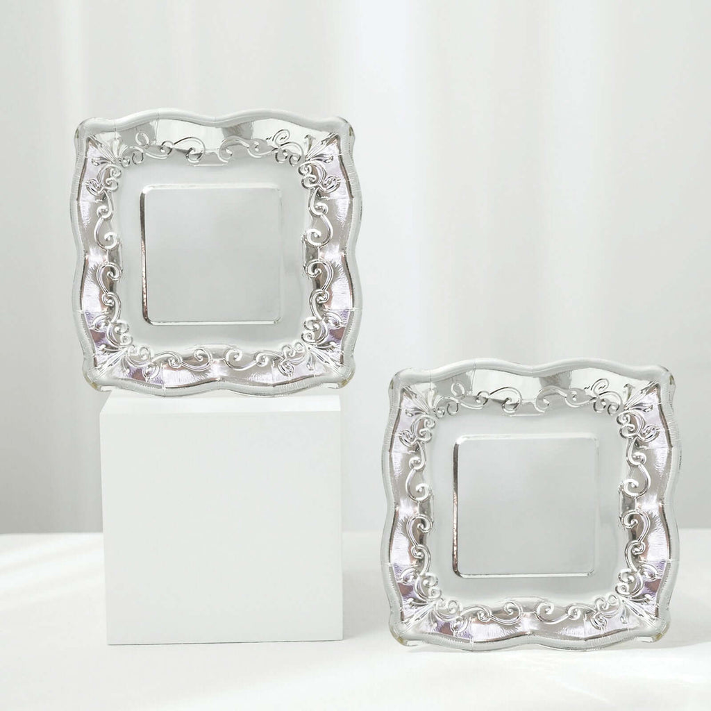 Pottery Embossed Paper Square Dessert Plates 7" Silver | TableclothsFactory