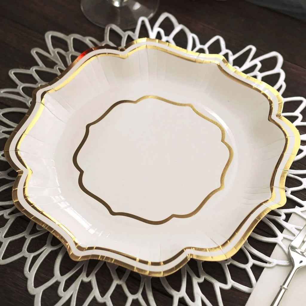 Scallop Rim Paper Dinner Plates White/Gold 10" | TableclothsFactory