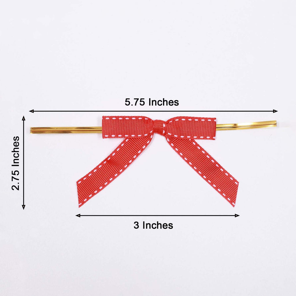 3" Red White Saddle Stitch Ribbon Bows - 50 Pcs | TableclothsFactory