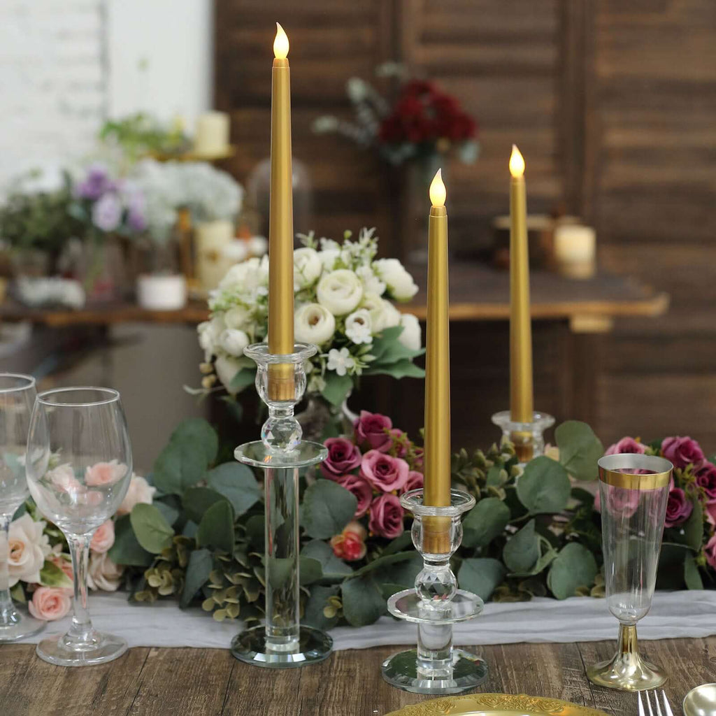LED Taper Candles Flickering Gold 11" | TableclothsFactory